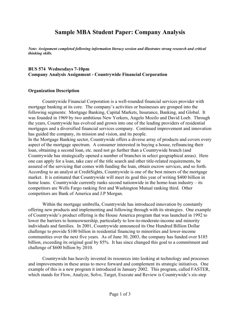 Sample MBA Student Paper Company Analysis