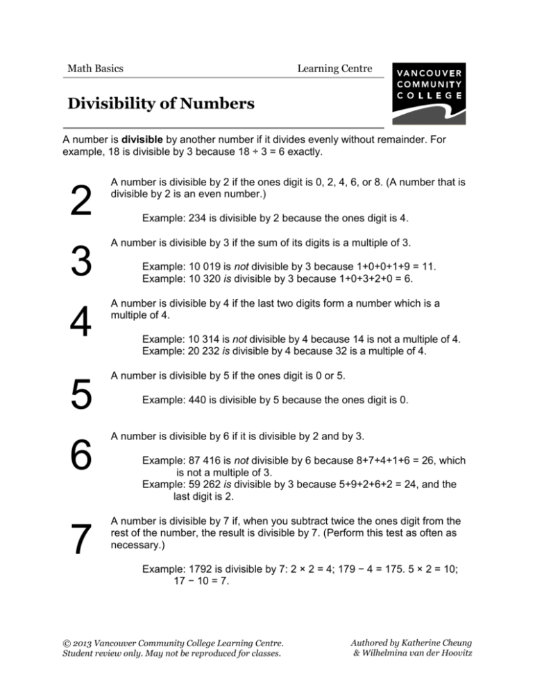 Divisibility By Numbers VCC Library Divisibility By Numbers VCC Library