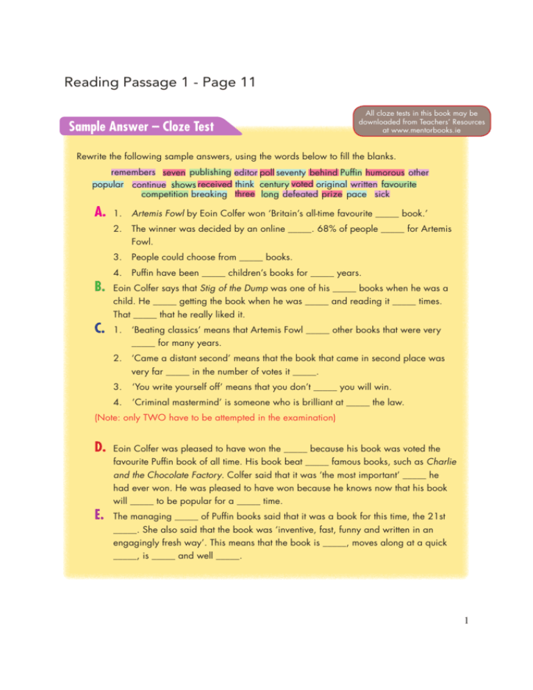 Sample Answer Cloze Test