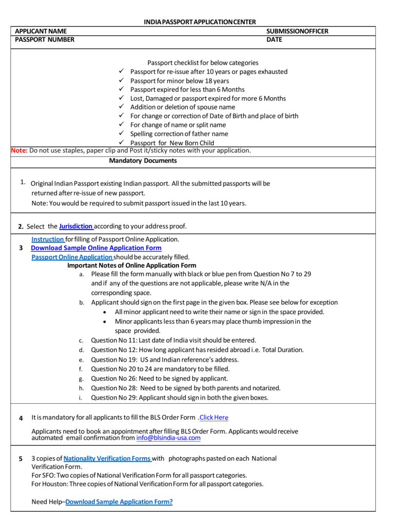 Sample Passport Application The Document Template