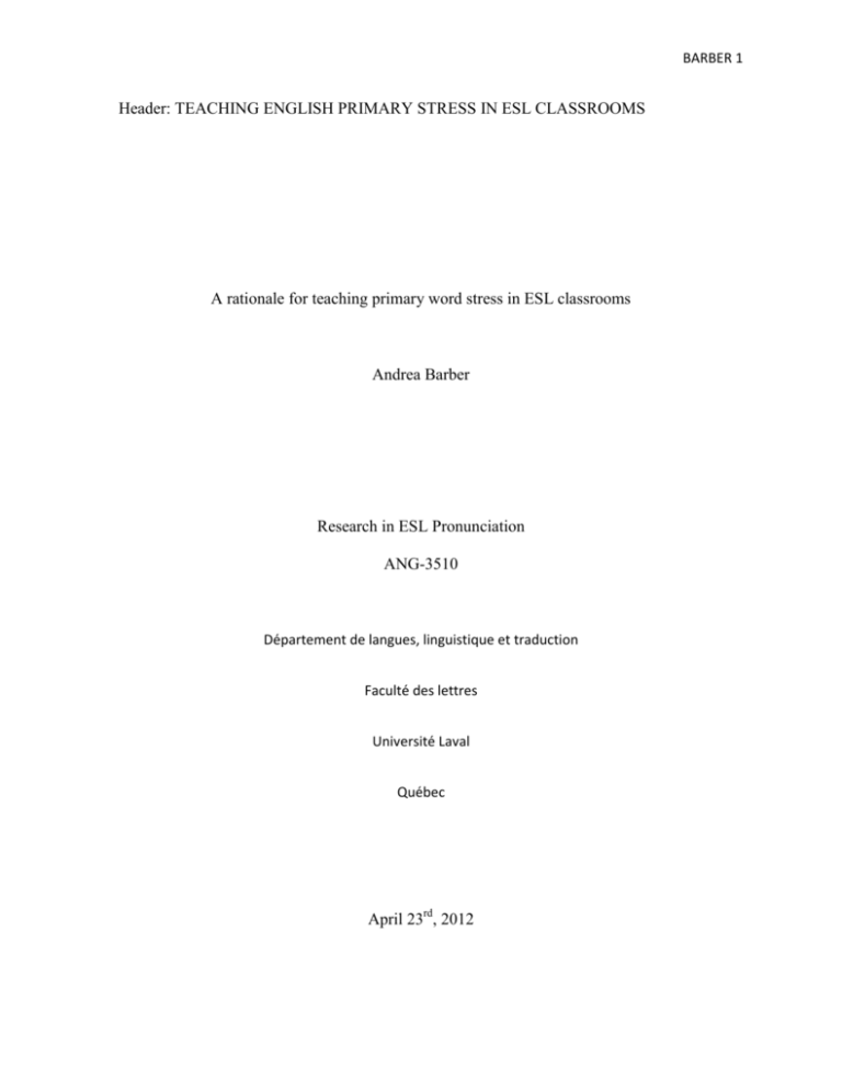 A Rationale For Teaching Primary Word Stress In ESL Classrooms In A Rationale For Teaching Primary Word Stress In ESL Classrooms In