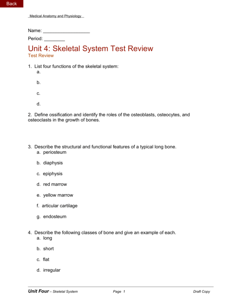 Unit 4 Skeletal System Test Review