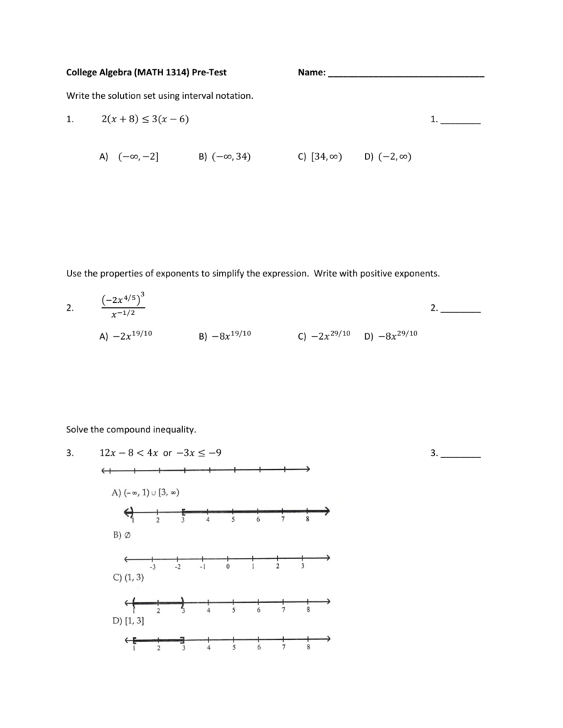 College Algebra MATH 1314 Pre Test Name Write The Solution Set College Algebra MATH 1314 Pre Test Name Write The Solution Set