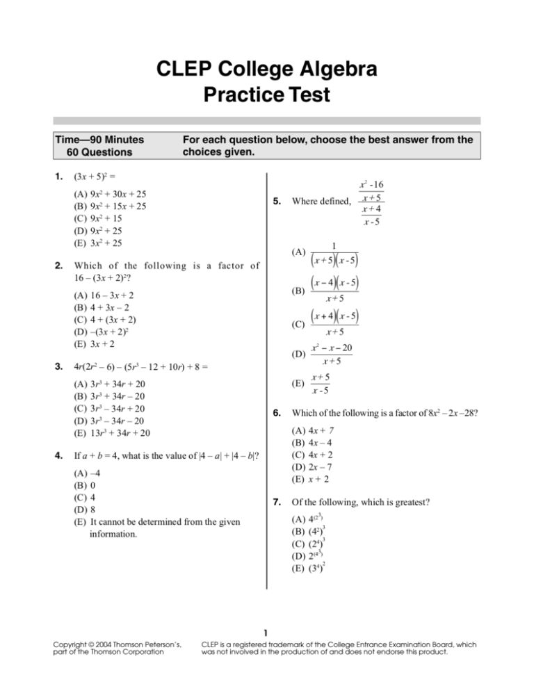 CLEP College Algebra Practice Test CLEP College Algebra Practice Test