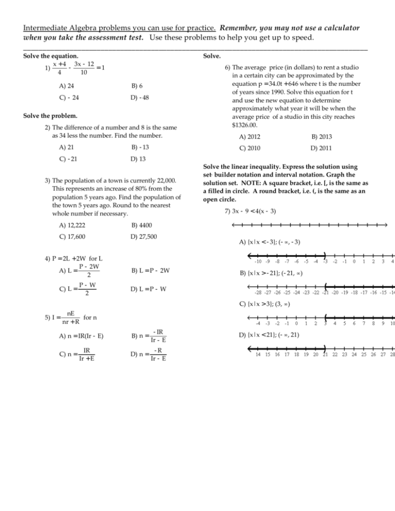 Intermediate Algebra Practice Test