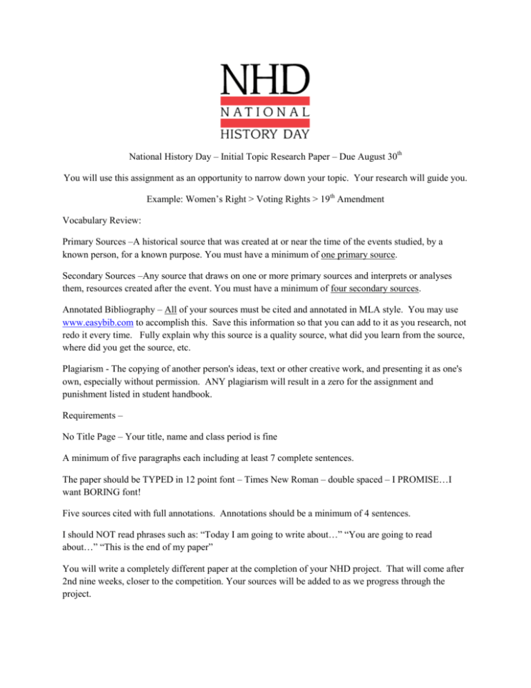 National History Day Initial Topic Research Paper Due August National History Day Initial Topic Research Paper Due August