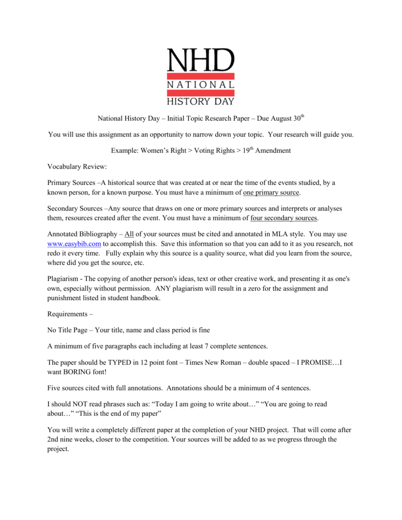 National History Day Initial Topic Research Paper Due August