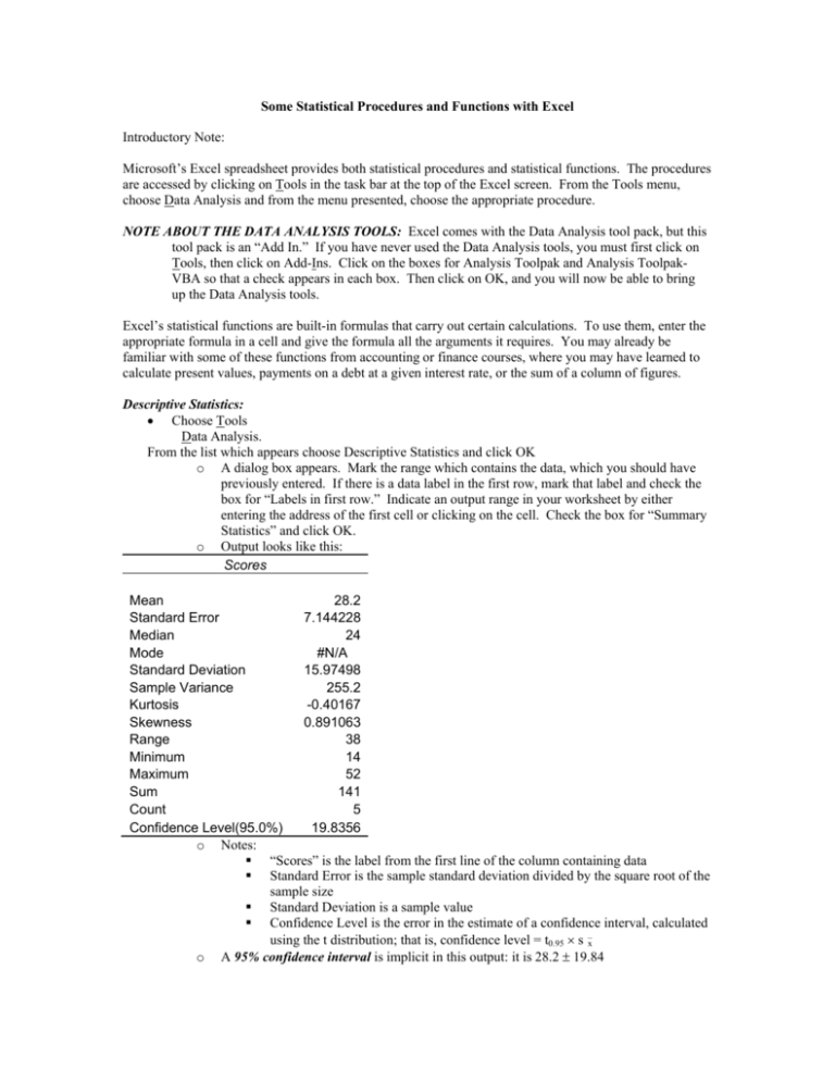 Excel Statistical Formulas