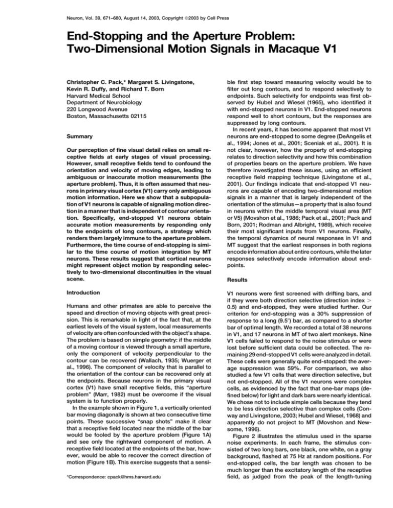 End Stopping And The Aperture Problem Two End Stopping And The Aperture Problem Two