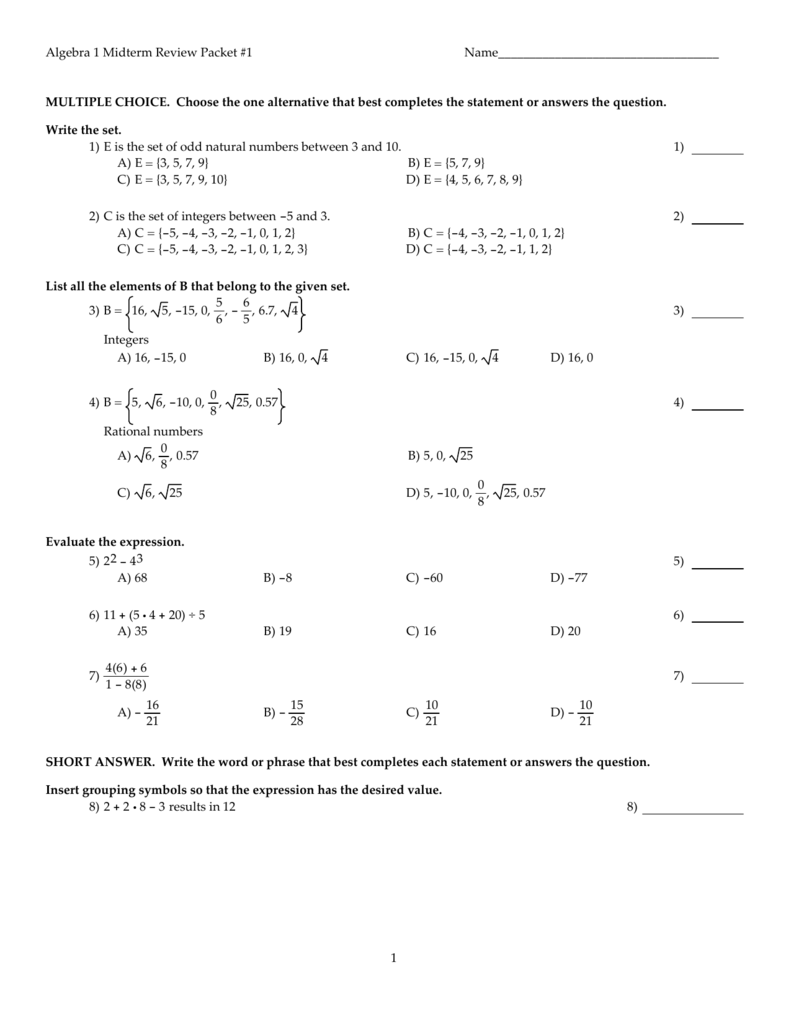 Algebra 1 Midterm Review Packet 1
