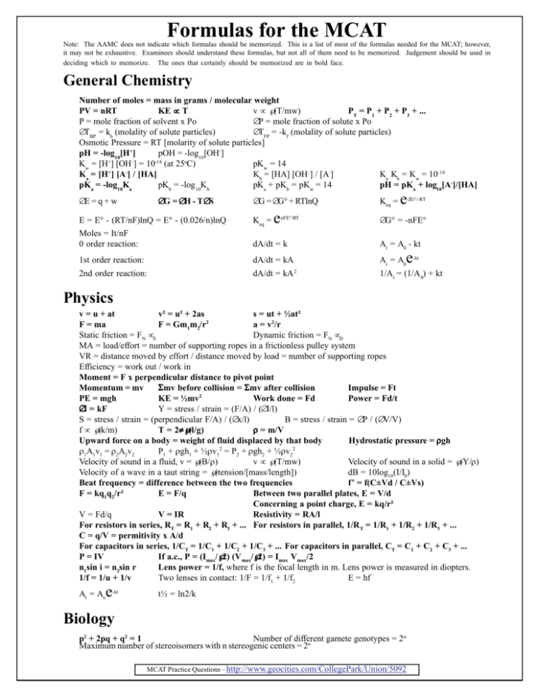 Formulas For The MCAT Formulas For The MCAT
