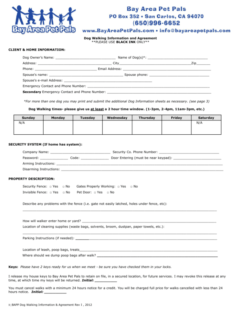 Dog Walking Information And Agreement