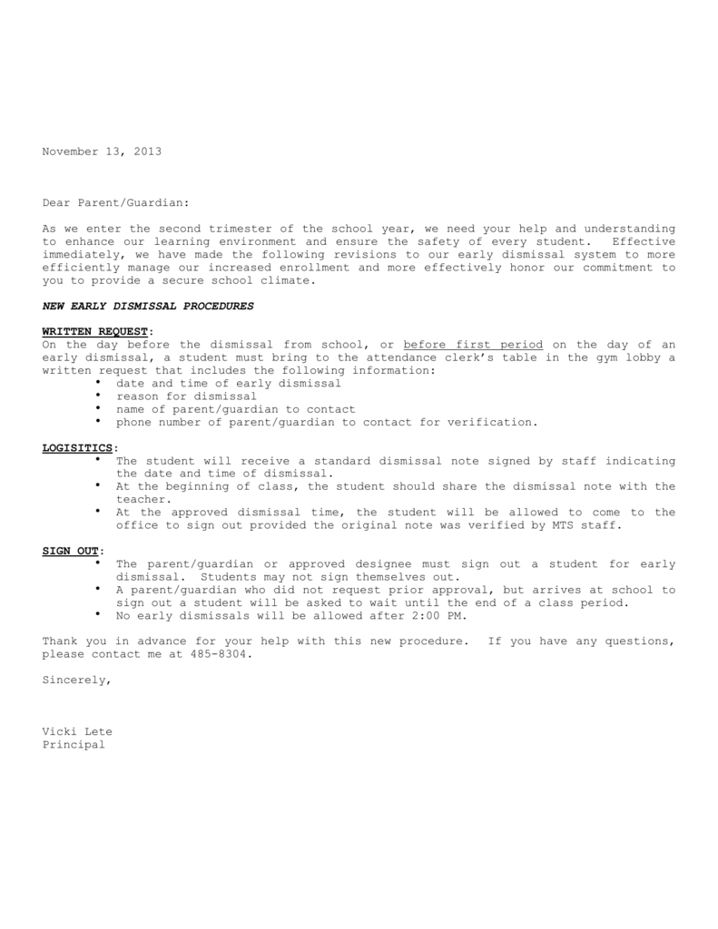 Parent Letter Early Dismissal 111313 Parent Letter Early Dismissal 111313