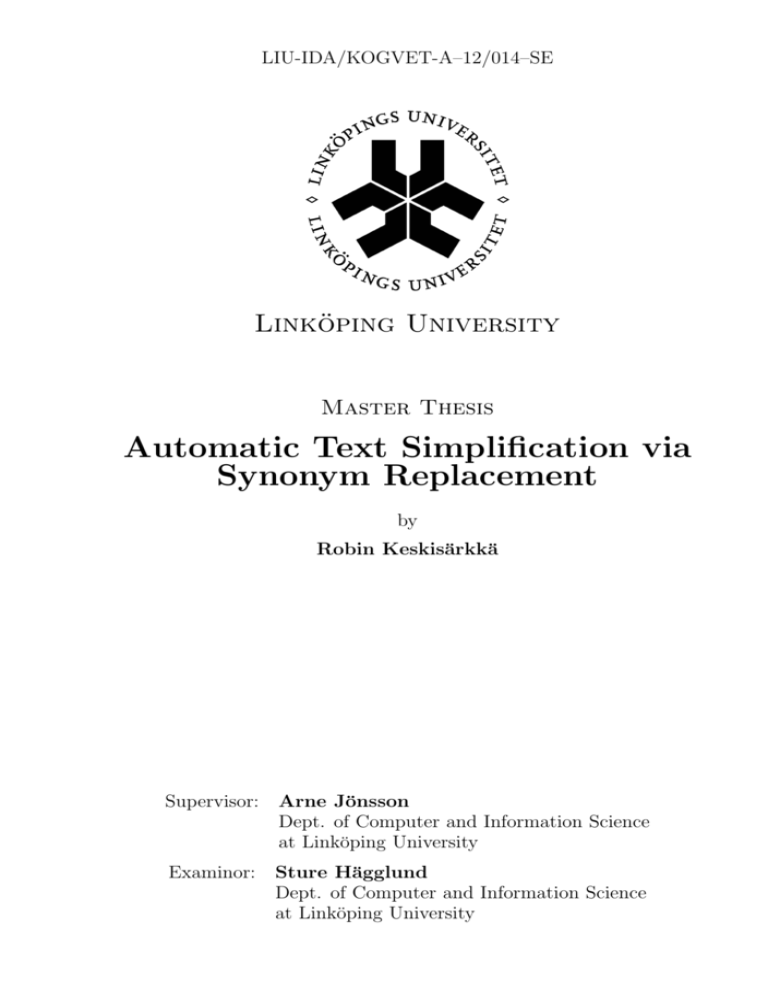 Automatic Text Simplification Via Synonym Replacement Automatic Text Simplification Via Synonym Replacement