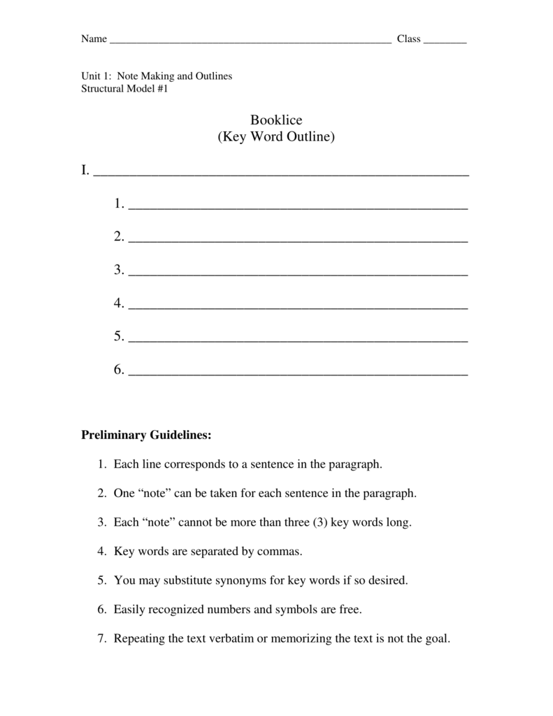 Booklice Key Word Outline I 1 