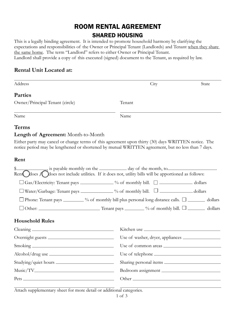 Room Rental Agreement