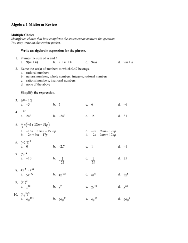 Algebra 1 Midterm Review