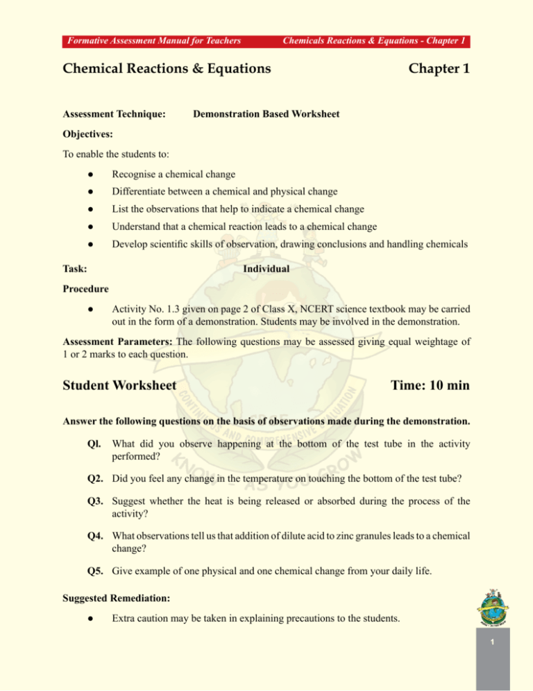 Chemical Reactions Equations Chapter 1 Student Worksheet