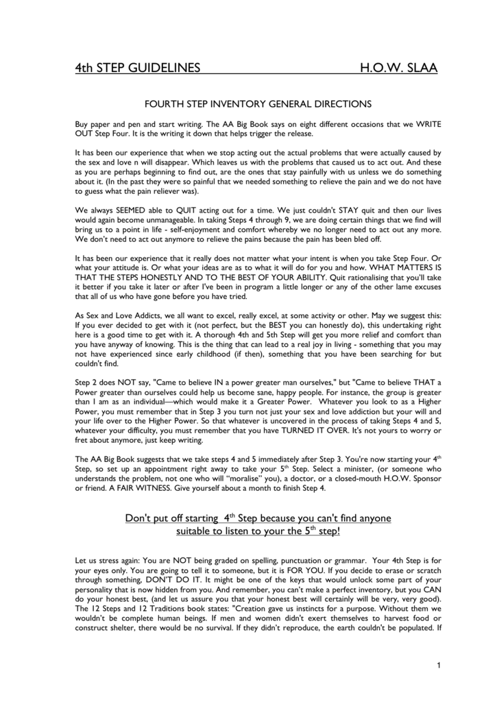 4th STEP GUIDELINES HOW SLAA Freedom For Sex And Love 4th STEP GUIDELINES HOW SLAA Freedom For Sex And Love