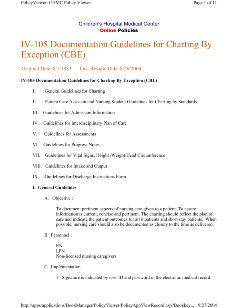 IV 105 Documentation Guidelines For Charting By Exception CBE 