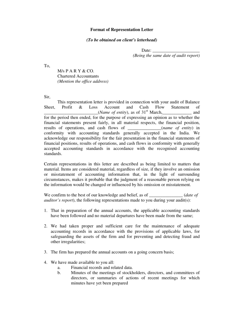 Format Of Representation Letter To Be Obtained On Client s Format Of Representation Letter To Be Obtained On Client s