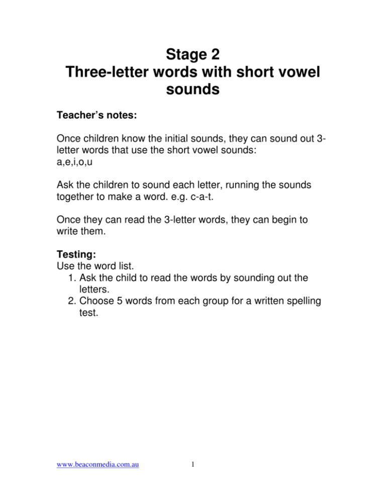 Stage 2 Three letter Words With Short Vowel Sounds Stage 2 Three letter Words With Short Vowel Sounds