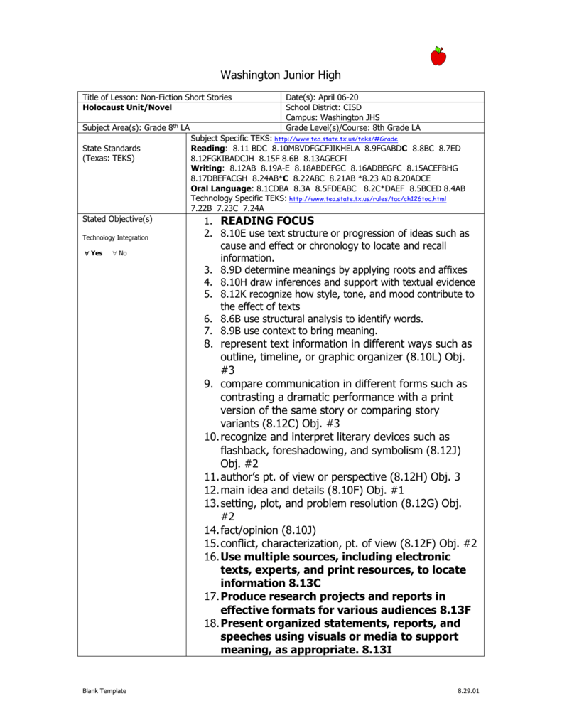 Lesson Plan Format Booker T Washington Junior High School Lesson Plan Format Booker T Washington Junior High School