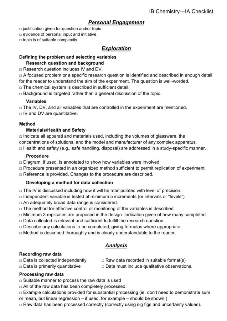 IB Chemistry IA Checklist