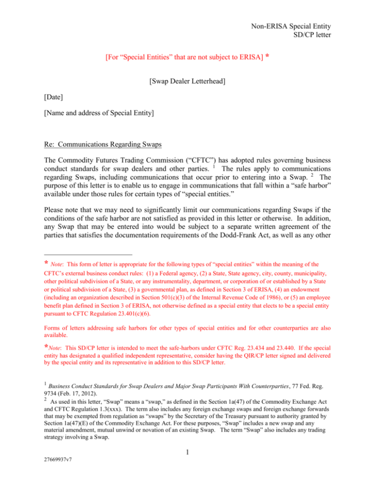 Safe Harbor Letter For Non ERISA Special Entities Safe Harbor Letter For Non ERISA Special Entities