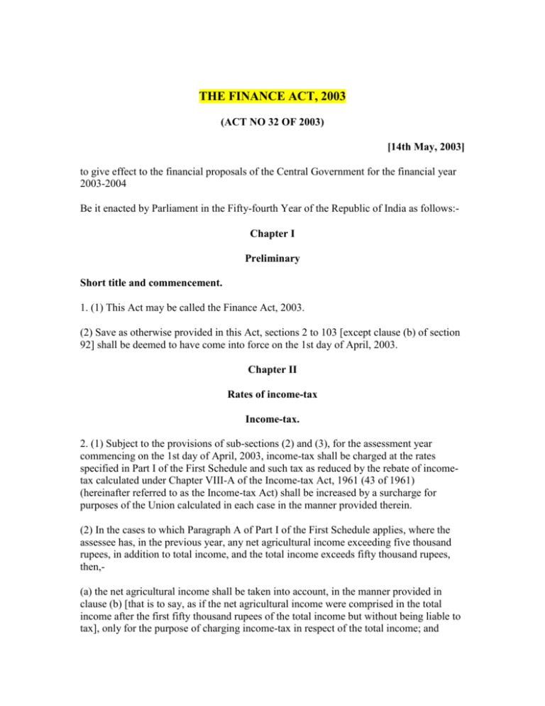 The Finance Act 2003 The Finance Act 2003