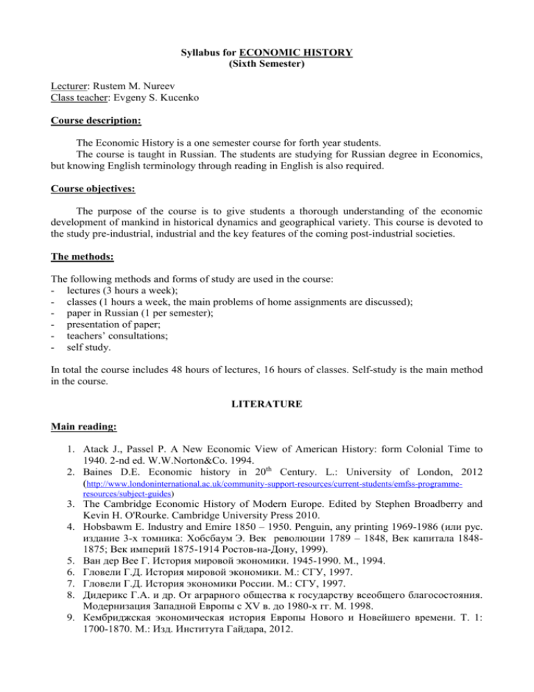 Syllabus For ECONOMIC HISTORY Syllabus For ECONOMIC HISTORY