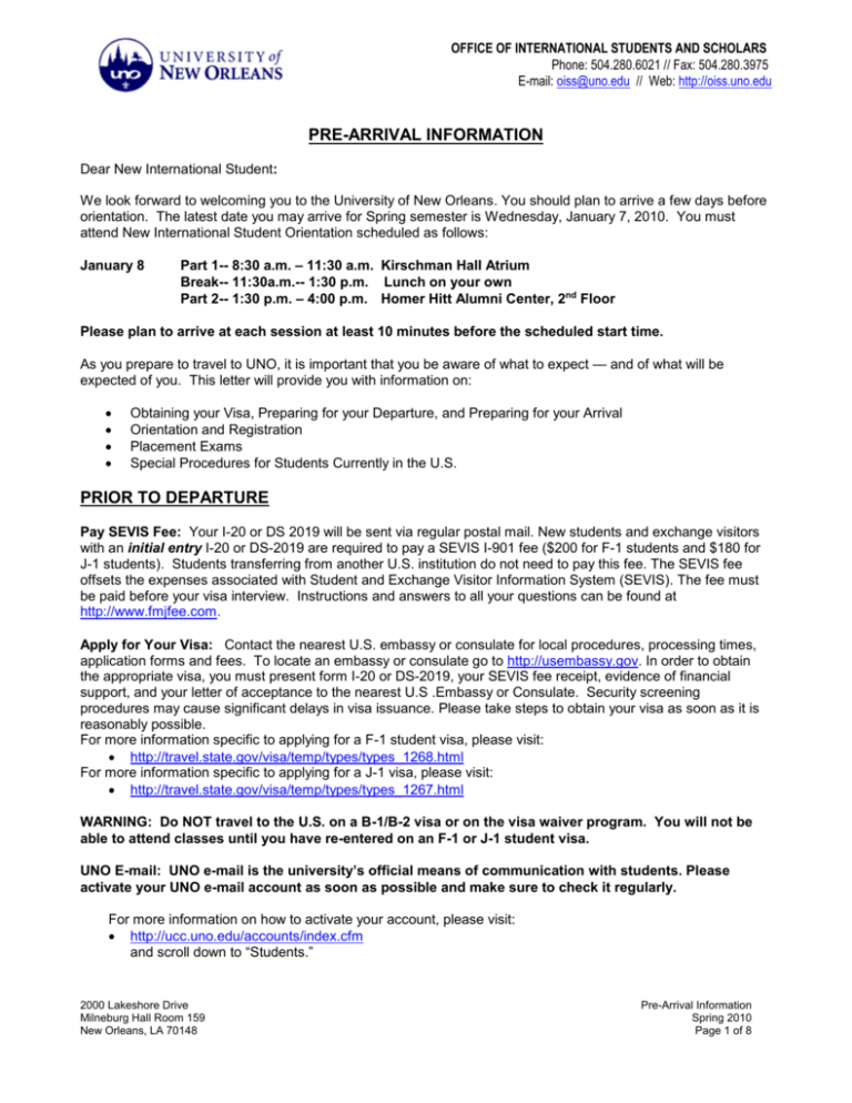 Dear New International Student - The University of New Orleans