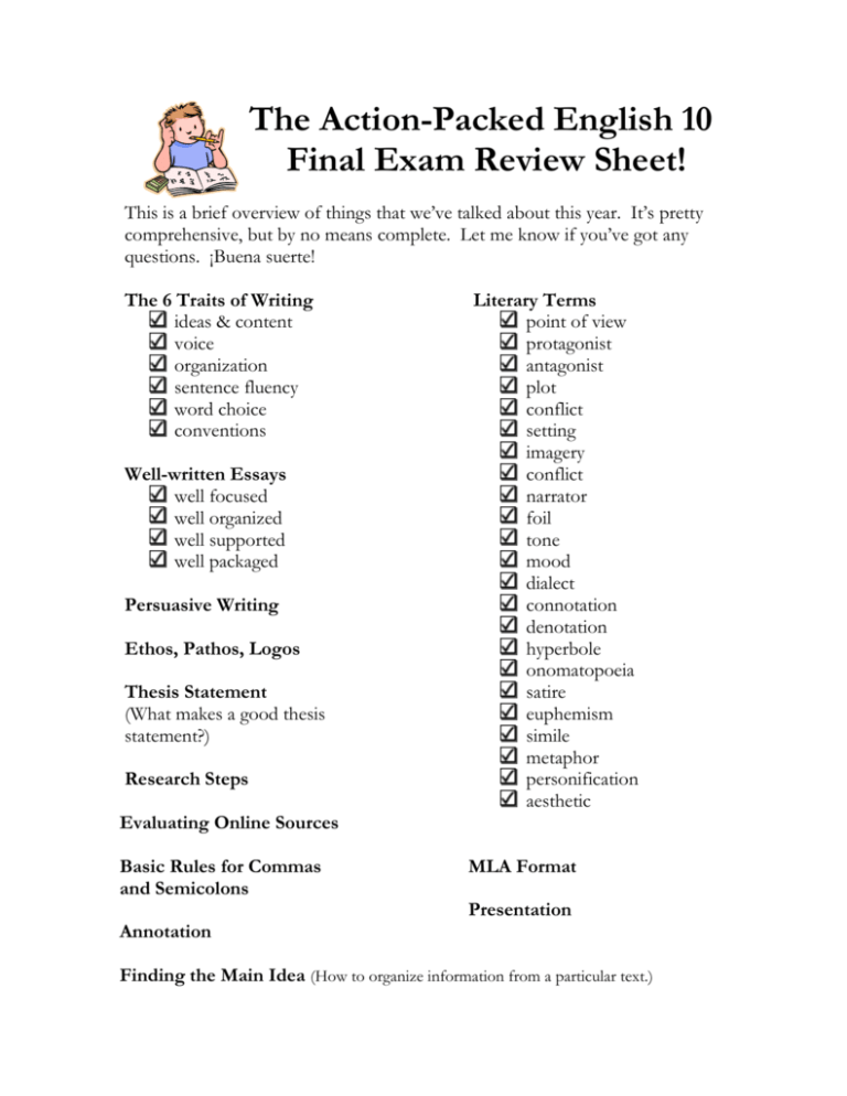 The Action Packed English 10 Final Exam Review Sheet