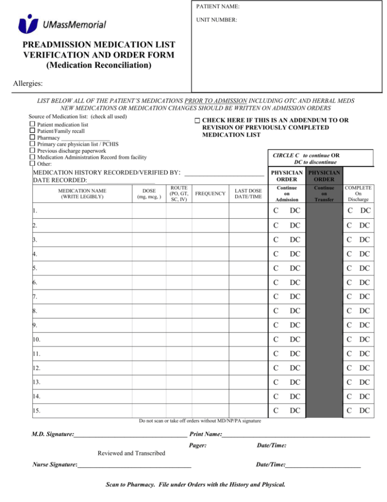 Medication Reconciliation And Order Form Medication Reconciliation And Order Form