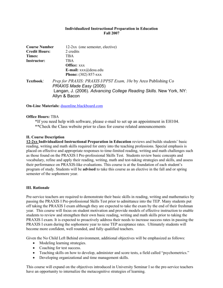 PRAXIS Prep: Individualized Instruction Course Syllabus