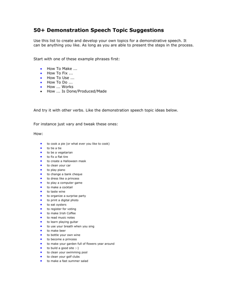 50 Demonstration Speech Topic Suggestions 50 Demonstration Speech Topic Suggestions