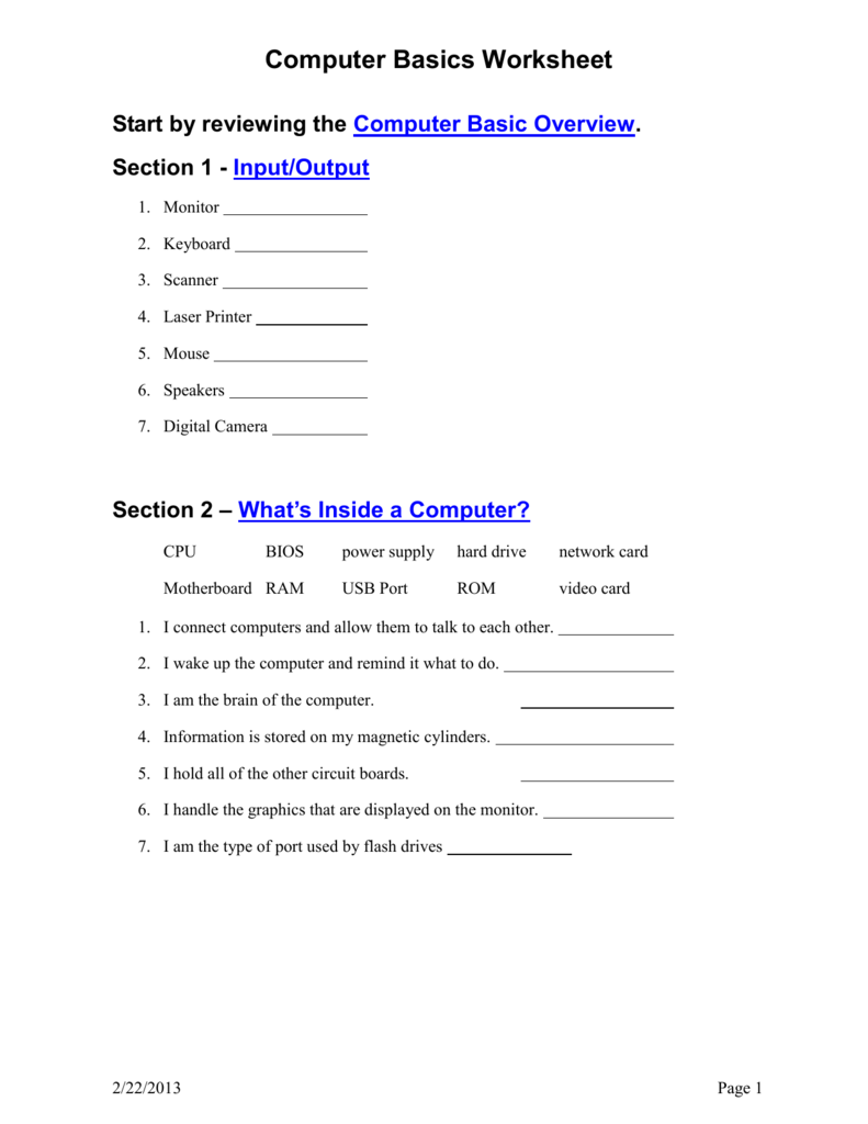 1 Computer Basics Worksheet 1 Computer Basics Worksheet