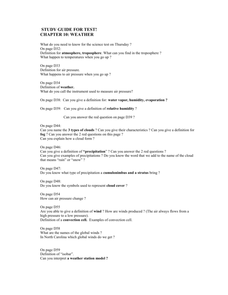 Study Guide For Test Study Guide For Test