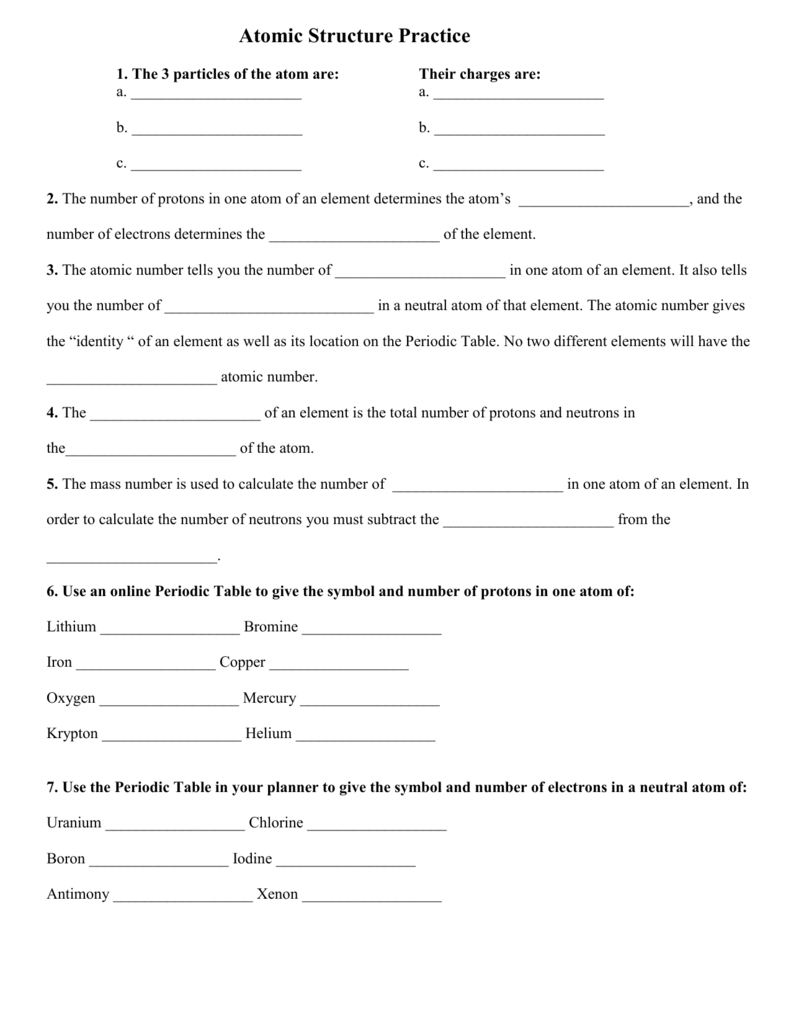 Atomic Structure Practice Worksheet Answers