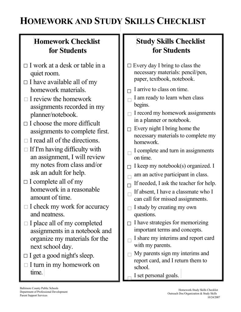 Homework Study Skills Checklist Homework Study Skills Checklist