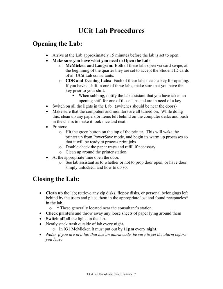 UCit Lab Procedures UCIT Computer Labs