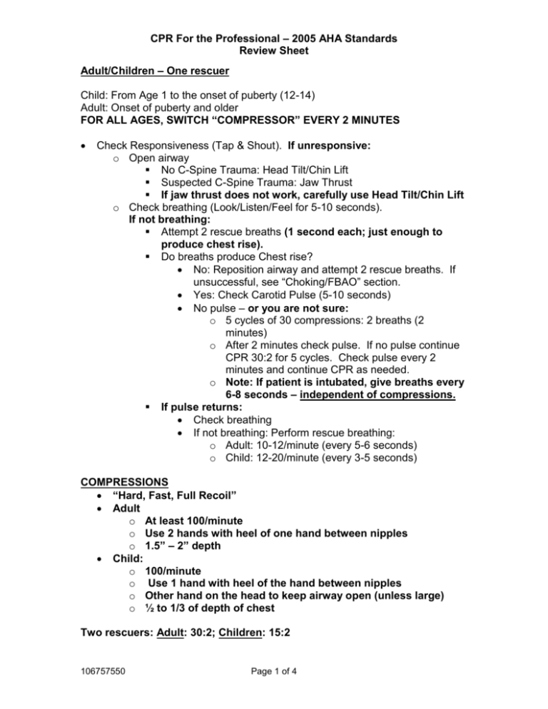 CPR For The Professional 2005 AHA Standards Review Sheet