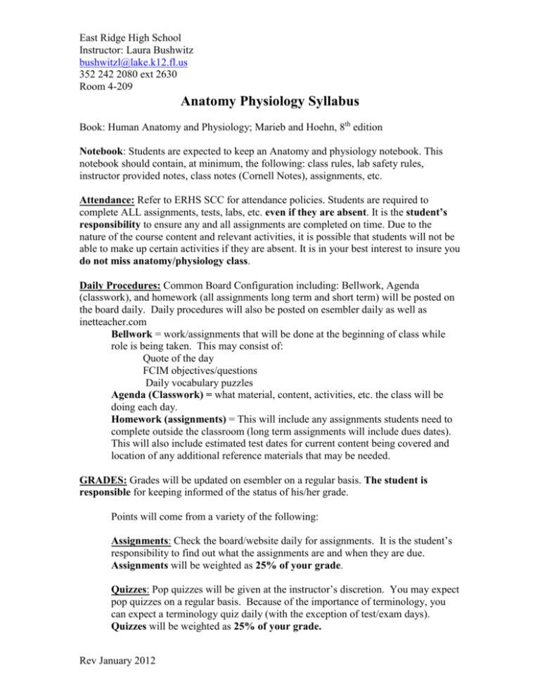 Anatomy Physiology Syllabus Anatomy Physiology Syllabus