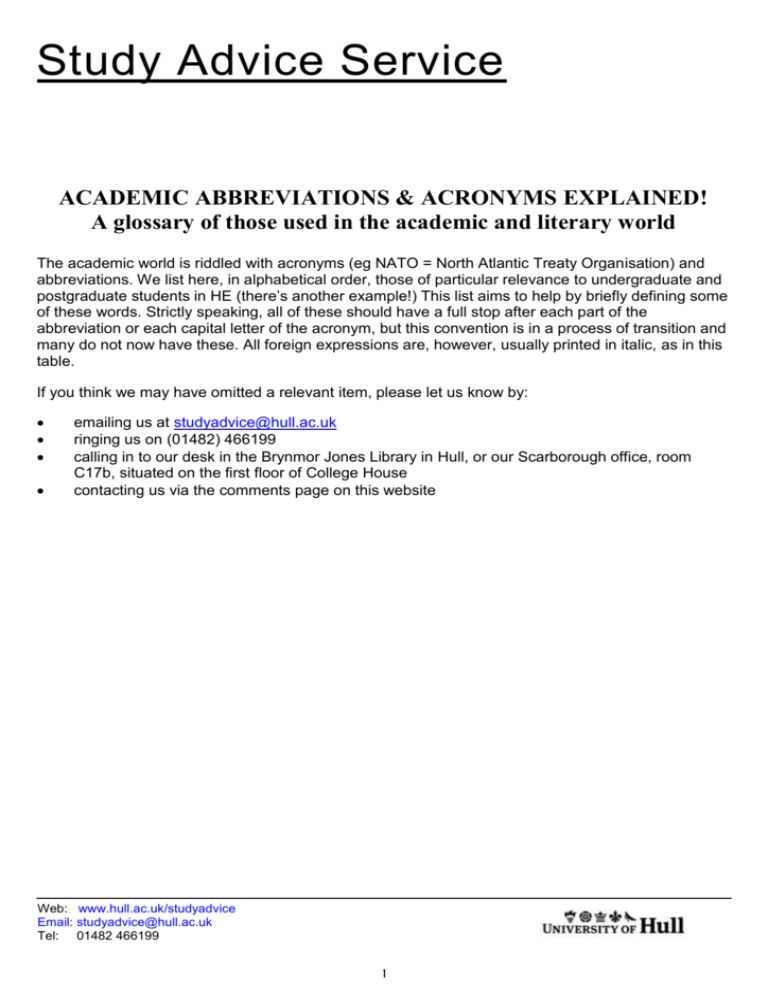 Study Advice Service ACADEMIC ABBREVIATIONS ACRONYMS