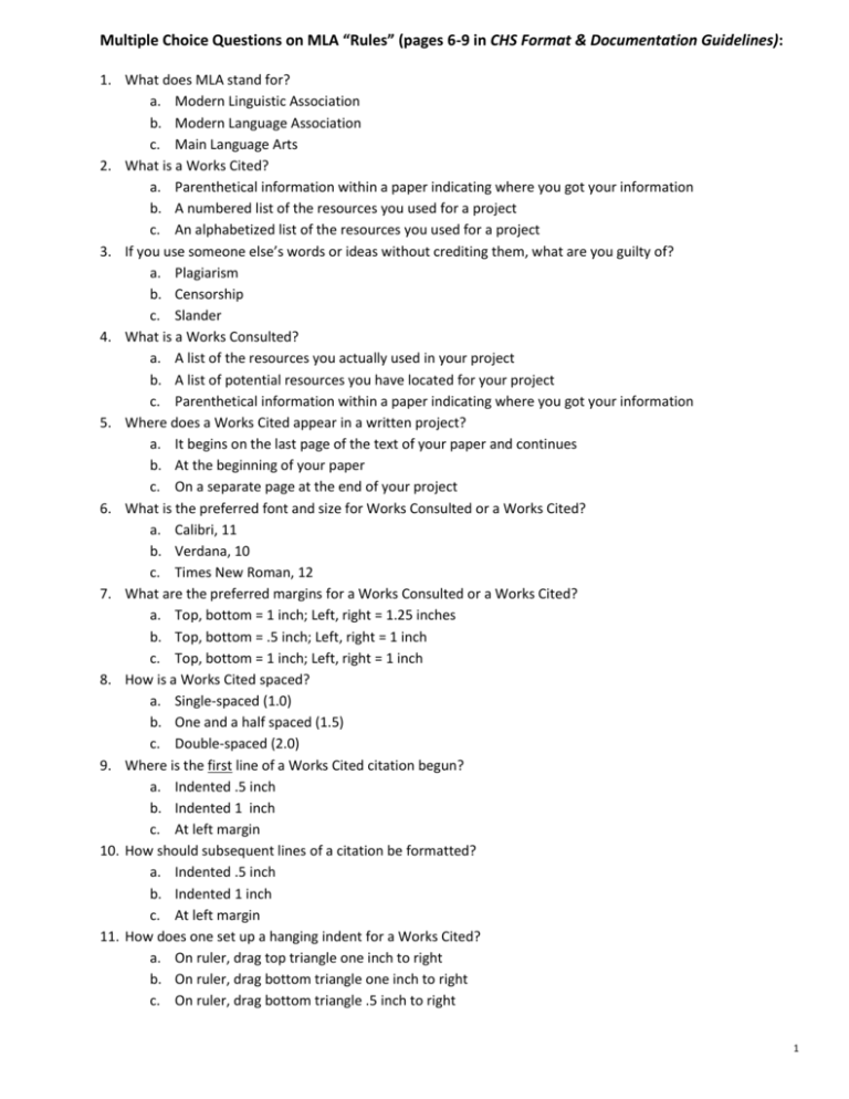Multiple Choice ions On MLA Rules pages 6