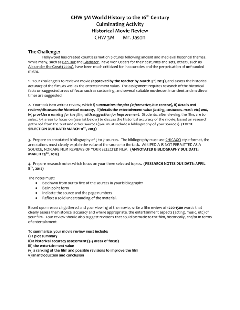 Historical Movie Review Assignment: World History