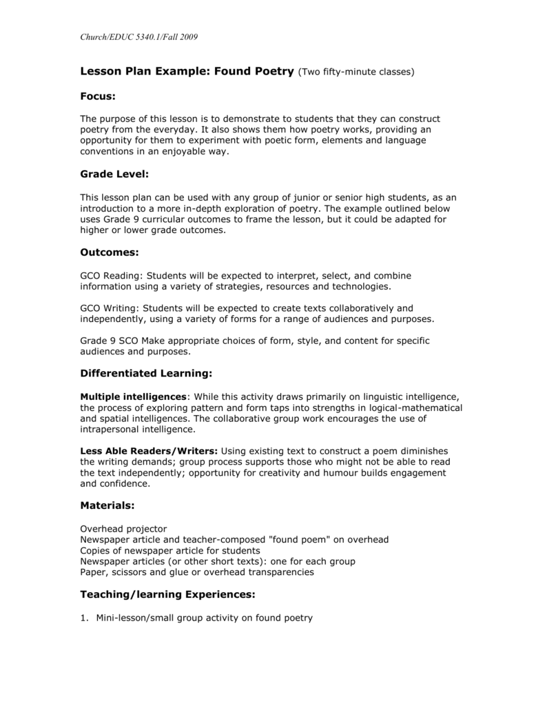 Lesson Plan Example Found Poetry Two Fifty
