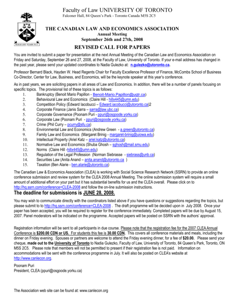 CALL FOR PAPERS THE CANADIAN LAW AND ECONOMICS CALL FOR PAPERS THE CANADIAN LAW AND ECONOMICS