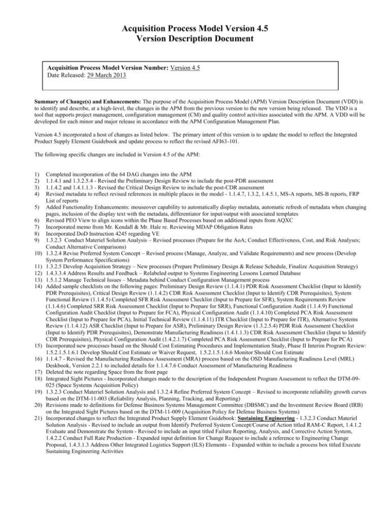 Acquisition Process Model Version 4 5 Version Description