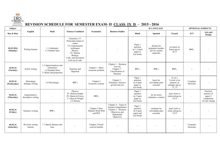Ix D Sa 2 Revision Schedule
